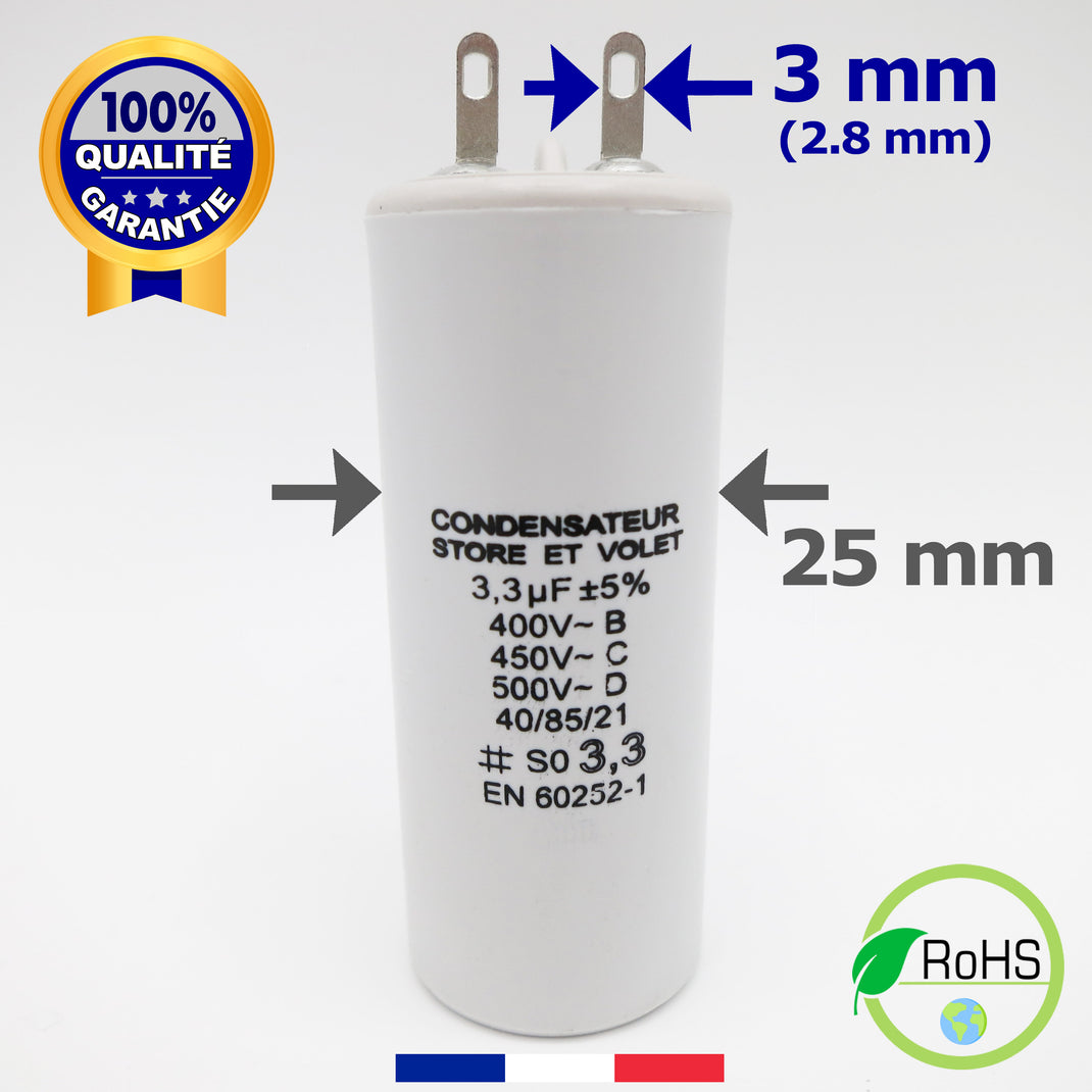 Condensateur 3,3 uF (3.3 µF) pour moteur Somfy ou Simu de volet roulant ...